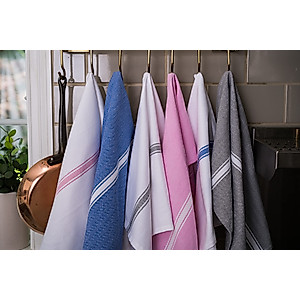 NITRAA Kitchen Towels with Herringbone Weave and Center Stripe - 100% Organic Ring Spun Cotton - Reusable Dish Towels - Highly Absorbent and Lint Free - OEKO-TEX Certified -15”x 26” - Set of 12 (Blue)