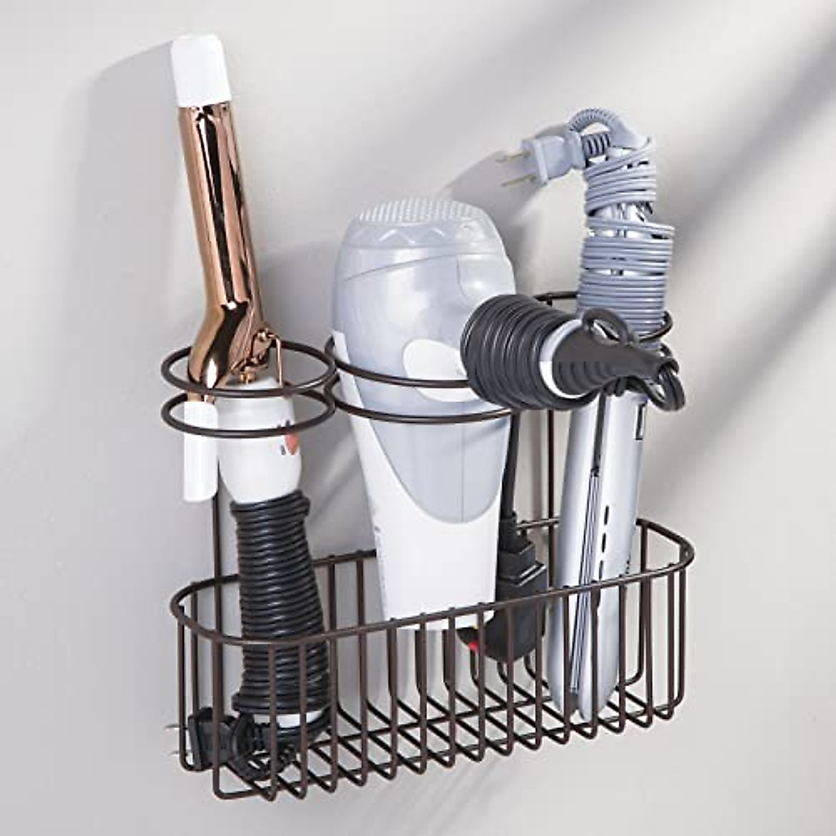 mDesign Steel Bathroom Wall Mounted Hair Tool Storage Organizer Accessory Basket Tray, Hang Holder for Hair Dryer, Straightener, Curling Iron, Styling Products, Bronze