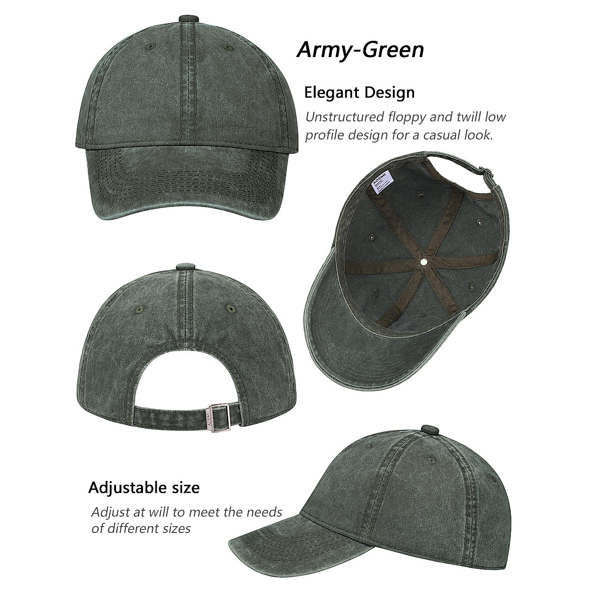 AOSMI 3 Pack Vintage Washed Cotton Adjustable Distressed Baseball Caps Men Women Summer Unstructured Soft Low Profile Blank Plain Ball Caps Workout Dad Hat Black Green Khaki