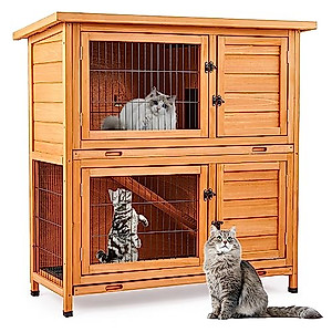 SNUGENS 2 Story Wooden Rabbit Hutch, Indoor Bunny Cage Chicken Coops Guinea Pig House Hamster Accessories, Nature Color with Ladder Fence Door Pull Out Tray for Little Small Animals