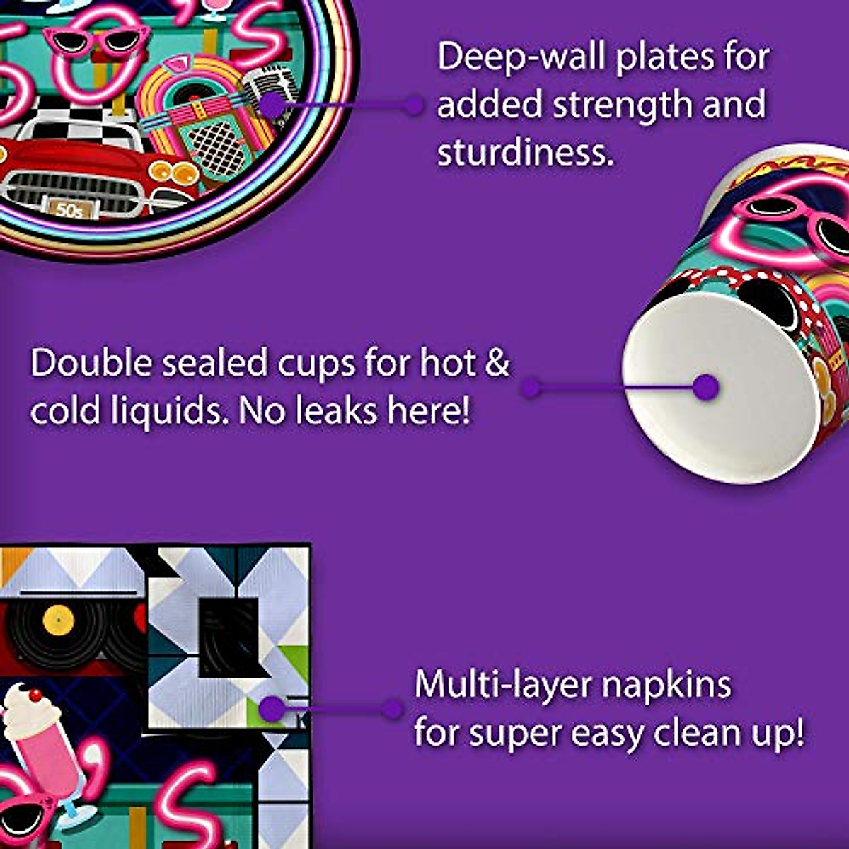 50's Diner Birthday Party Supplies Set Plates Napkins Cups Tableware Kit for 16