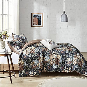 Madison Park Amelie Comforter Set - Feminine Design Colorful Floral Print, All Season Down Alternative Bedding Layer and Matching Shams, Full/Queen, Black 4 Piece