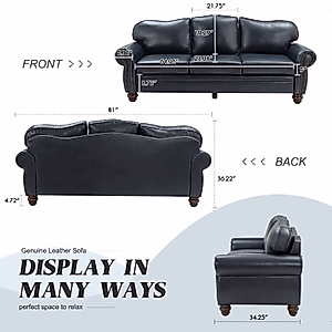 HULALA HOME 81'' Upholstered Leather Sofa with Removable Cushion, Mid-Century Modern Living Room 3-Seater Couch, Full Grain Leather Couch with Nailhead Trim and Rolled Arm for Bedroom Apartment, Navy