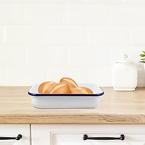 Luxshiny Enamelware Roasting Pan 19x28cm Rectangular Roasting Pan Baking Dish Lasagna Pan Food Containers White with Blue Rim Serving Tray for Home Kitchen Restaurant