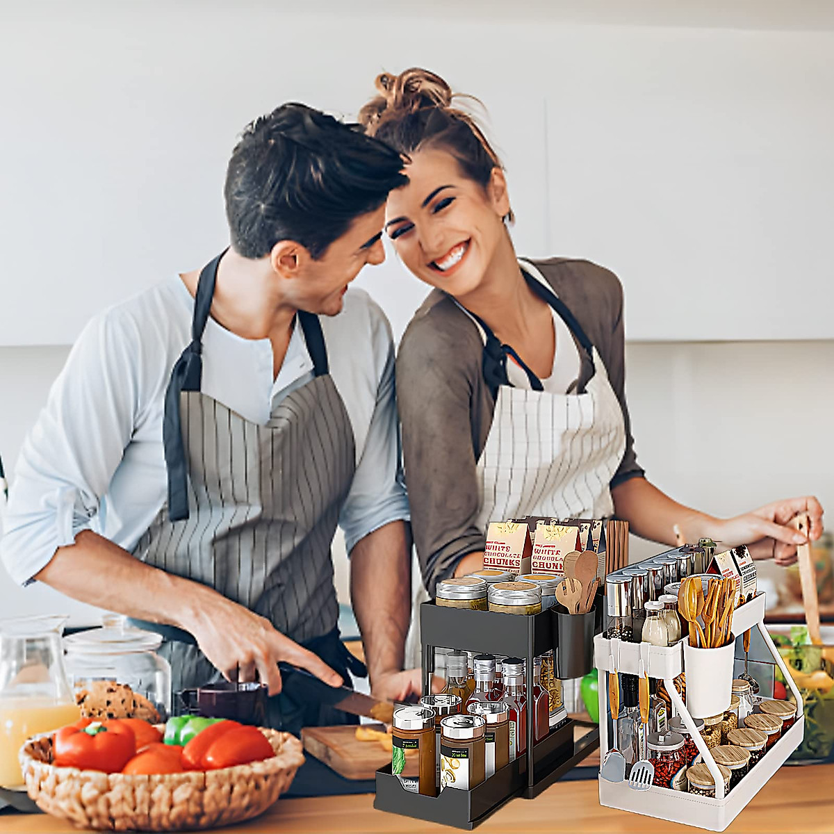 Under Sink Storage Rack Two Tier Pull Out Kitchen Under Sink Organizer and Storage Bathroom Under Sink Storage Rack 15.7 * 6.5 * 11.2 Inch Black Under Sink White Countertop (2 Pack) (white and white)
