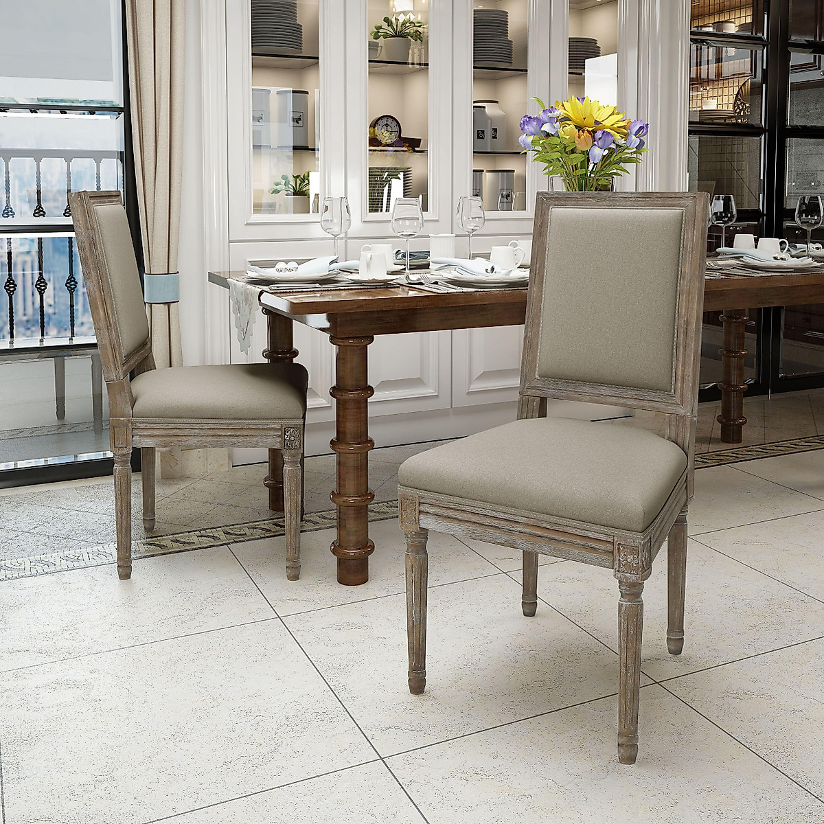 Christopher Knight Home Ledger Traditional Fabric Dining Chairs, 2-Pcs Set, Wheat / Dark Brown