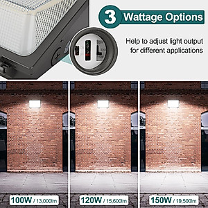 kadision 150W LED Wall Pack 120W 100W Adjustable, 19500lm 5000K 120-277V Dusk-to-Dawn Outdoor Lighting Exterior Light for House Parking Lot Warehouse Entrance, ETL Listed 4 Pack