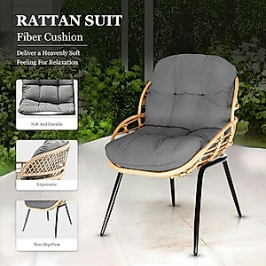 Urban Home Furniture Belize 4-Piece PE Natural Rattan Outdoor Conversation Set, 2 Single Chairs with Cushions, Loveseat with Cushions, Coffee Table with Glass Top, with Grey Cushions