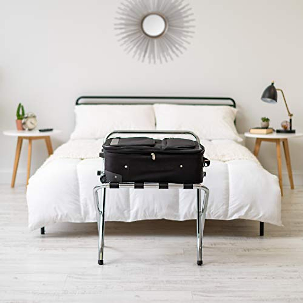 IRIS USA Steel Folding Foldable Luggage Rack Suitcase Stand Shelf with Support Bar, Space Saving for Guest Room, Bedroom, Hotel, Holds up to 110 lbs, Chrome Silver