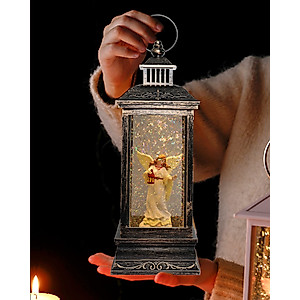Christmas Water Glittering Snowing Globe Lantern Night Light with Music Plug-in and Battery Operated Gift for Birthday Xmas Valentines’ Day Thanks-Giving 12 Inches