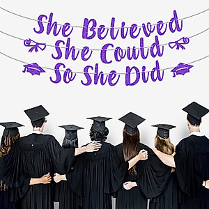 Purple Glitter She Believed She Could So She Did Banner, Class of 2024/So Proud of You/She Did It, 2024 Congrats Grad Graduation Party Decorations