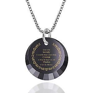 925 Sterling Silver Serenity Prayer Necklace Inspirational Pendant Inscribed in 24k Gold on Black CZ, 18"