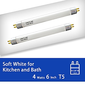 6 Inch F4T5/CW Fluorescent Tube,T5 4W Cool White Under Cabinet Bulb,Compatible for GE,Eiko 15501, Sylvania 20416,Sunlite 05040, Rayovac,Coleman Lantern Bulb,G5 Bi-Pin Base,4100K(4PACK)