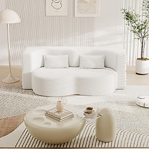 LUSPAZ Modern Floor 2 Pillows, Convertible Teddy Fabric Foam-Filled Sleeper Sofa Bed,15 Inches Full Size Folding Mattress for Living Room, no Assembly Required, White