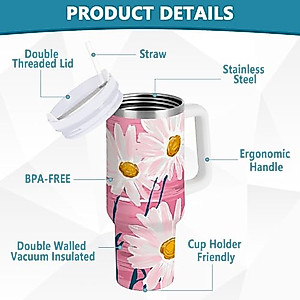 PaChyLuu 30 oz Insulated Tumbler with Handle and Straw Lid, Adorable Daisy Leak-Proof Stainless Steel Travel Coffee Mug for Car Cup Holder