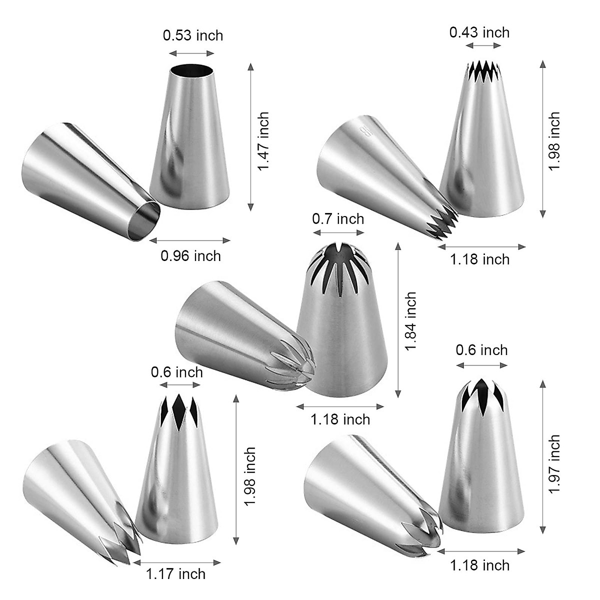 5Pcs Large Piping Tips Set, Stainless Steel Frosting Tips, Cake Decorating Tips for Cupcakes Cakes Cookies Decorating