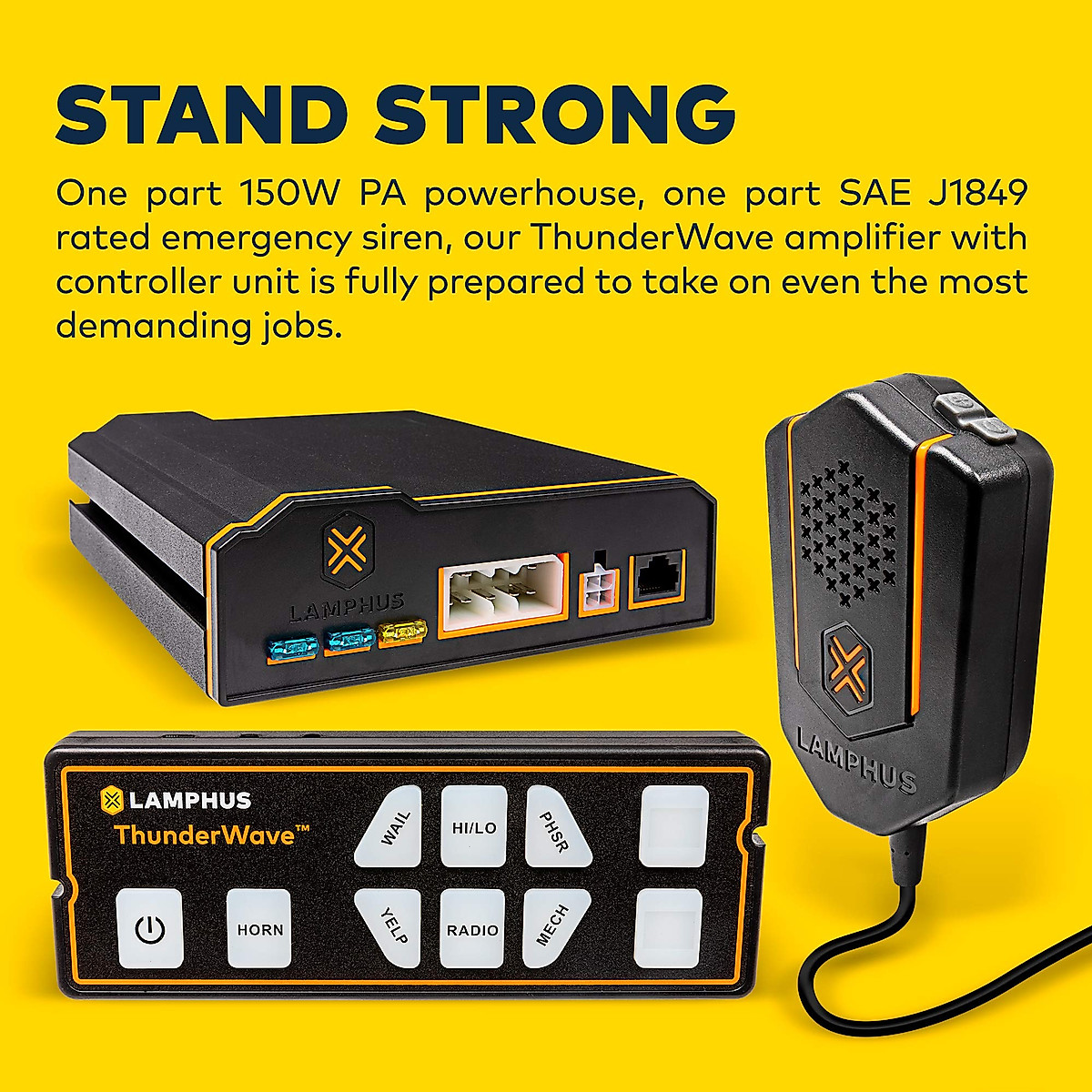 ThunderWave 150W Emergency Police Siren Amplifier [Remote Controller][2 x 15A Switches][Hands-Free Air Horn][3.5mm Input][Radio Rebroadcast] Warning PA System for Emergency Vehicles Trucks UTV POV