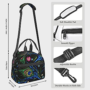 LYNSAY Peacock Feather Printed Lunch Bag, Lightweight And Durable, Adjustable Shoulder Strap, Reusable Lunch Handbag, Portable Refrigerated Bag