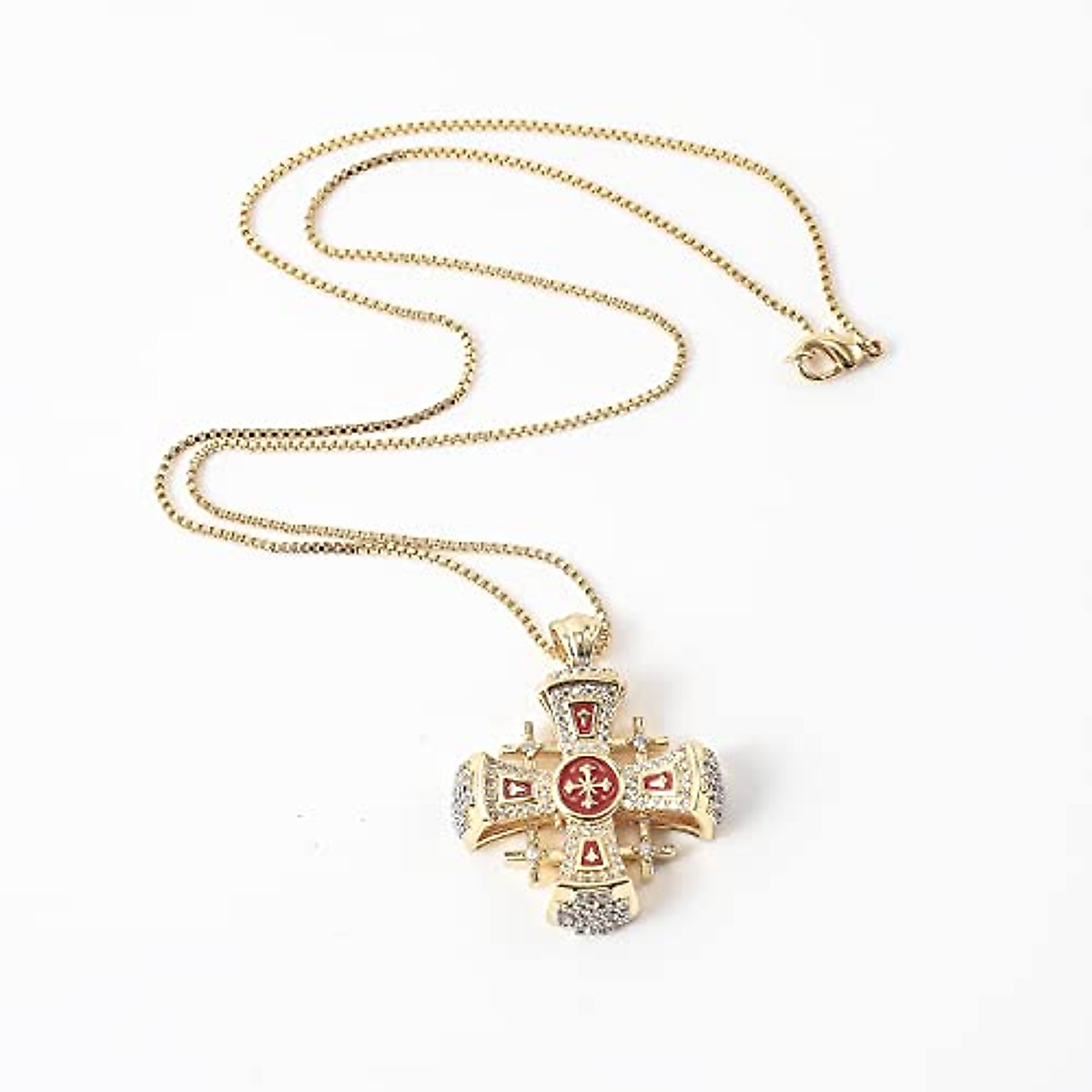 Nazareth Store Crusaders Jerusalem Cross Pendant Necklace Gold Plating 18k Enamel Crystallized Stones 1.3" (Red)