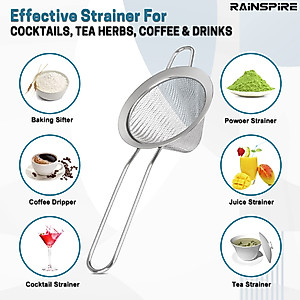 Rainspire Stainless Steel Small Strainer Fine Mesh Strainer, Mini Cocktail Strainer For Cocktails Tea Herbs Coffee & Drinks, Tea Strainer with Handle, Rust Proof, Silver
