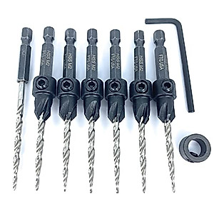FTG USA Countersink Drill Bit Set 6 Pc #6 (9/64") Wood Countersink Drill Bit, Pro Pack Countersink Bit, 1 Extra Tapered Drill Bit for Countersink, 1 Stop Collar, 1 Hex Wrench