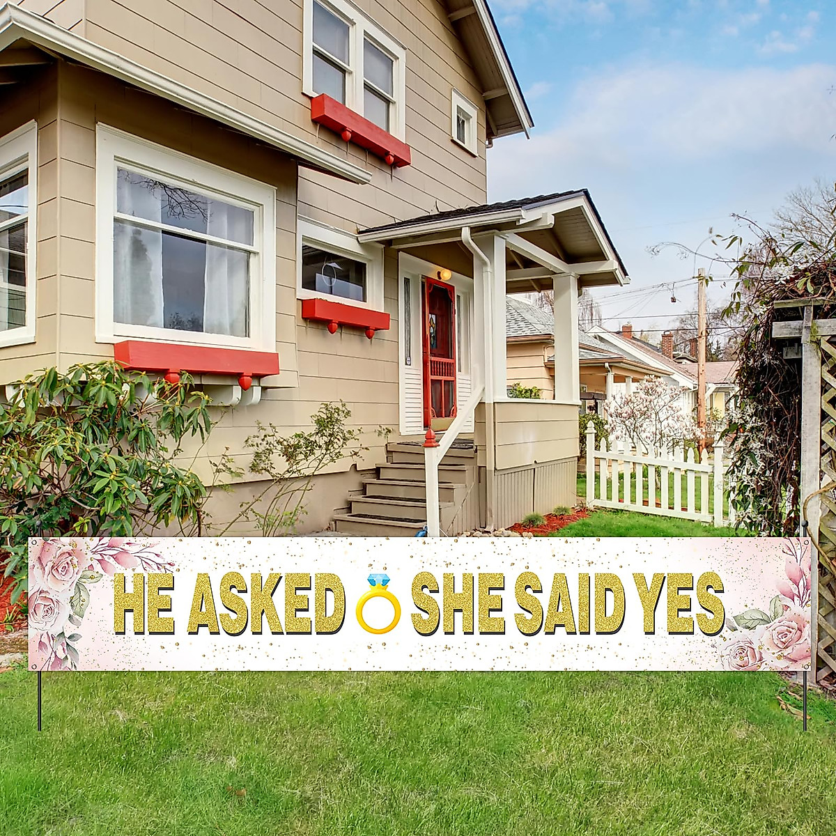 Helewilk He Asked She Said Yes Banner/Large Wedding Engagement Party Decoration Banner/Bridal Shower Yard Sign Backdrop Decor/Wedding Party Supplies Ideas and Gifts