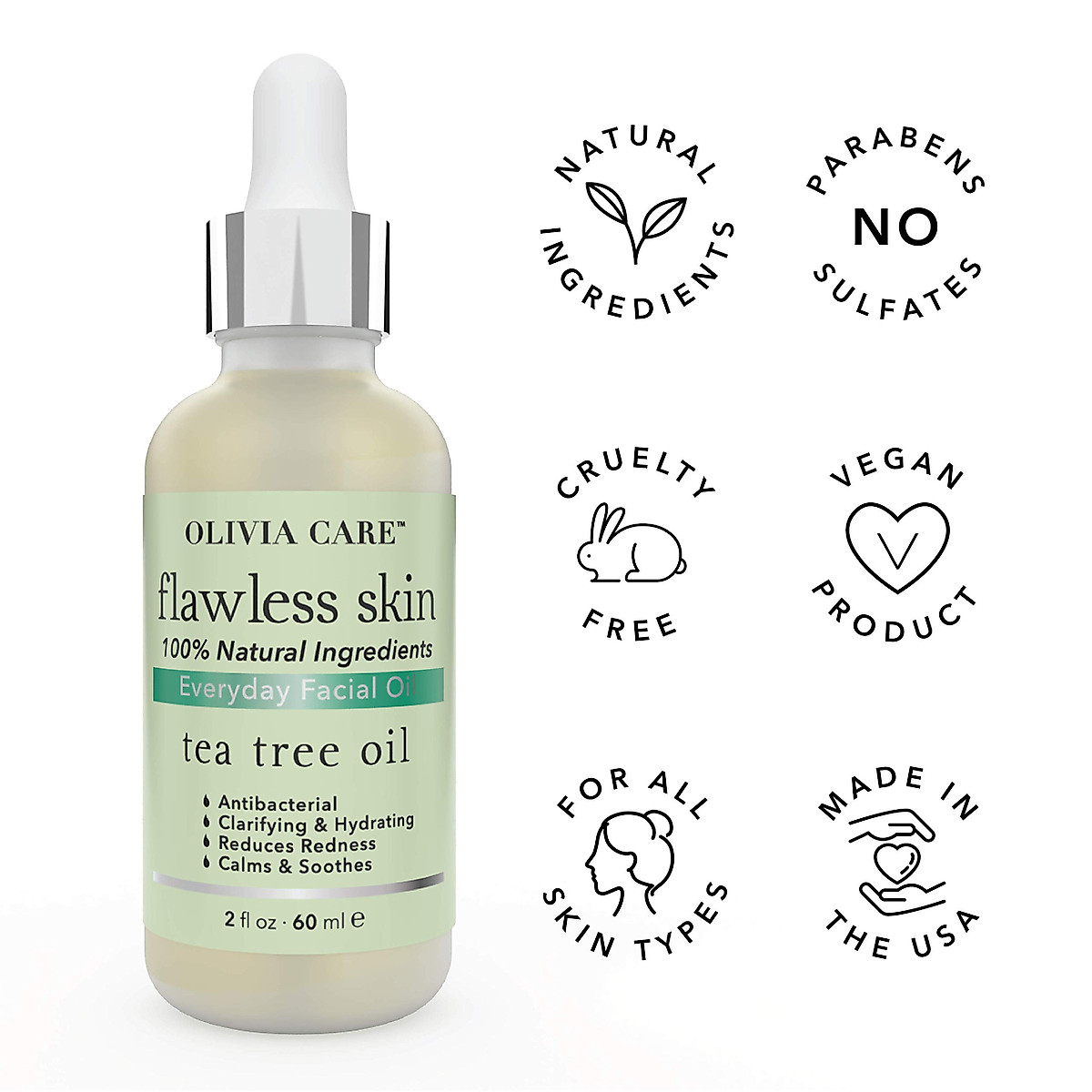 Olivia Care Flawless Essential Facial Oil 100% Natural. Nourishing, Plump, Reviving, Hydrating, Calming & Soothing. Stabilize & Retain Moisture (Tea Tree)