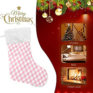 Kigai Christmas Stockings Pink Gingham Large Candy Stockings Stuffers Kids Cute Xmas Sock Decorations 2PCS for Home Holiday Party 12" x18"