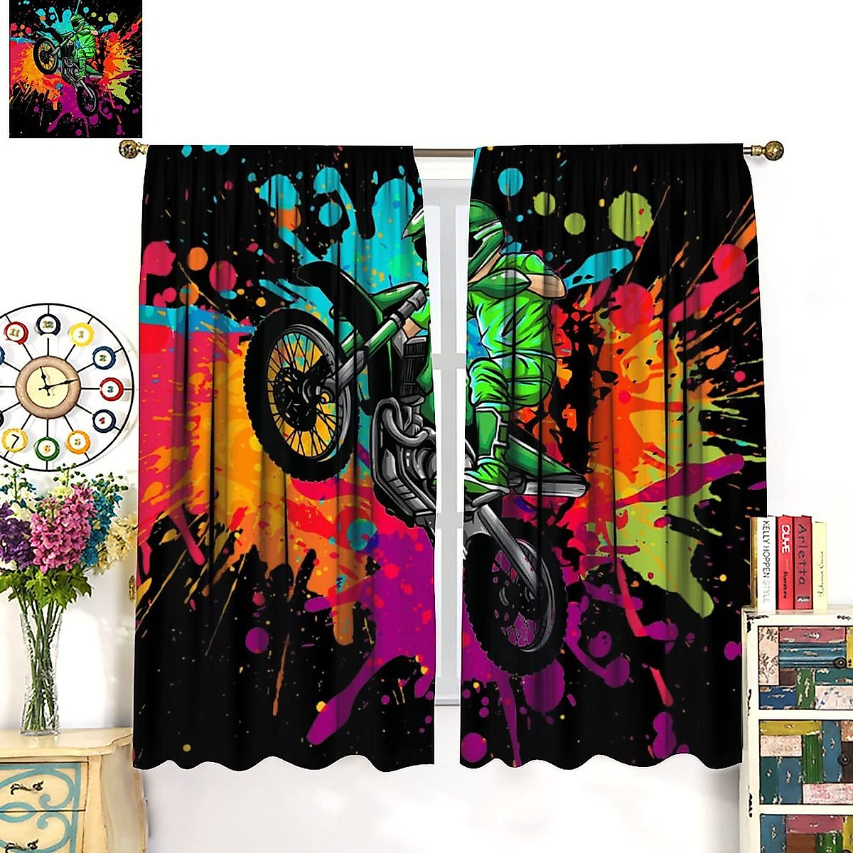 Motorcycle Curtains,Boys Bedroom Youth Children Watercolor Extreme Sports Motocross Printed Window Curtains 52x84in