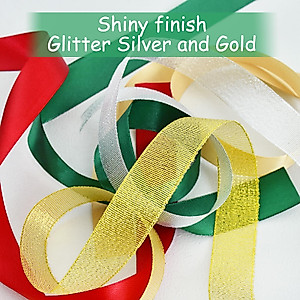 TONIFUL 5 colors Christmas Ribbon, 1 Inch x 125 yds Satin Ribbon Rolls, Red Green Gold Silver-Glitter Gold-Glitter Christmas Colors Set, For Gifts Wrapping Ornaments Hanging Christmas Tree Decorations