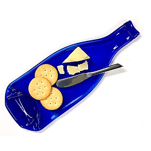 Melted Wine Bottle Cheese Tray with Cheese Spreader in Blue Glass