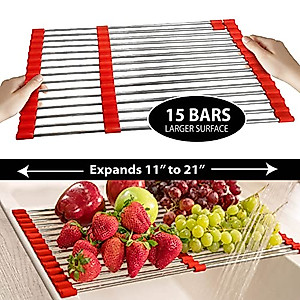 Total Rack, Expands 10" to 21", 10-Inch-Wide Multipurpose Over-Sink Dish-Drying Rack, Oven-Safe, Cooling, Crisping, Roasting, Trivet, and Serving, Nonslip Silicone and Stainless-Steel Rack, Red