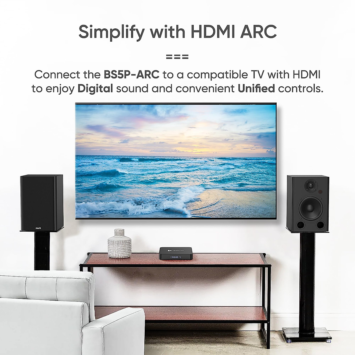 NEUMI BS5P-ARC 75-Watt Powered Bookshelf Speakers, Bluetooth, HDMI, USB, Optical, Coaxial, Remote Control, 5-Inch Woofer, 1-Inch Tweeter, Dark Wood, 1 Pair