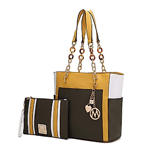 MKF 2-PC Set, Tote Bag for Women & Pouch Purse: PU Leather Handbag Pocketbook, Top-Handle Shoulder Strap Mustard-Olive