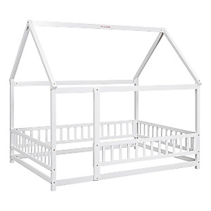 Full Size House Floor Bed Wooden Montessori Bed with Fence and Roof for Kids Playhouse Style Bed Frame for Girls Boys Teens, White