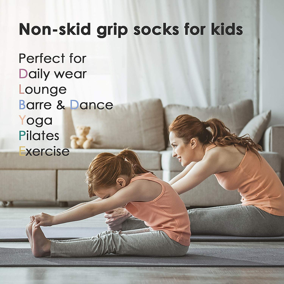 Aprilaugust Non Skid Grip Cotton Socks for Kids, Perfect for Daily wear, Yoga, Dance, Barre, Ballet (US, Age, 4 Years, 7 Years, Pink S Kids + Purple S Mom)