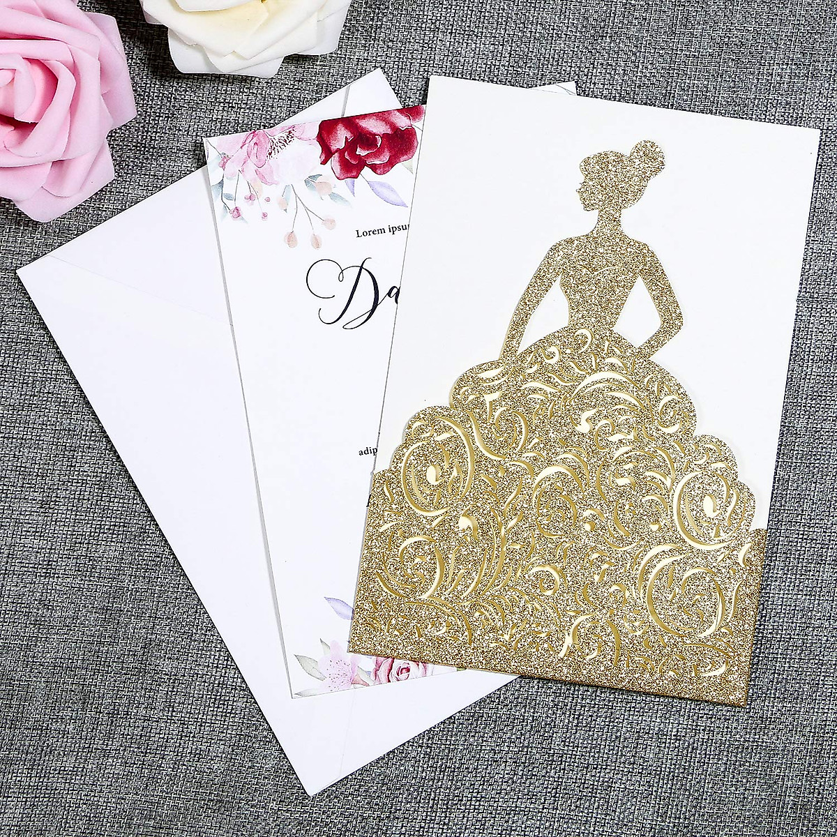 FEIYI 25PCS Laser Cut Wedding Invitations Cards with Envelopes for Quinceanera Birthday Sweet 16, Bridal Shower Anniversary Party Invite, Wedding Invitation Kit (Gold Glitter)