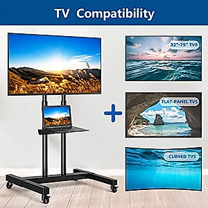 Mobile TV Cart for 32-75 Inch Screens up to 110 lbs, Height Adjustable Rolling TV Stand with Locking Wheels and Metal Shelf, Portable Outdoor Floor TV Stand Movable Monitor Holder for Home Office