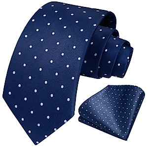 HISDERN Navy Blue Ties for Men Formal Business Woven Silk Tie and Pocket Square Classic Polka Dot Ties for Men Wedding Party Neckties Handkerchief Set