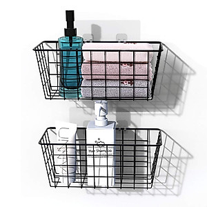 Hanging Kitchen Baskets For Storage Adhesive Small Wire Storage Baskets No Drilling Wall Mounted Shelf with Kitchen Food Pantry Bathroom Shelf Storage, 2 PACK, Black