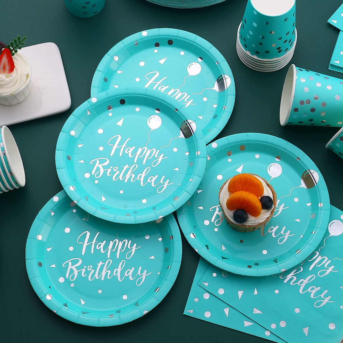 joy akkess 175PCS Teal Birthday Decorations Teal Party Decorations Teal Birthday Plates Serves 25 Guests Birthday Plates and Napkins for Happy Birthday Party Decorations Baby Shower