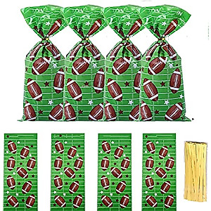 RS 50Pcs Football Treat Bags Football Candy Bags Heat Sealable Football Cellophane Bags with 50Pcs Twist Ties forfor Birthday Kids Party Football