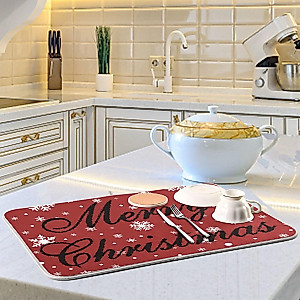 Merry Christmas Red Dish Drying Mat for Kitchen Winter Snowflake White Microfiber Drying Mats Absorbent Reversible Dish Pad Large Dish Draining Mat 18x24 inch