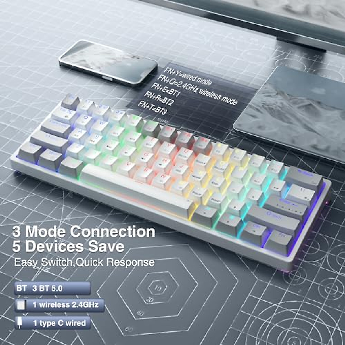 SOLAKAKA SK961 RGB Wireless 60 Percent Keyboard Supports Triple Mode Connection(BT5.0+2.4GHz+Type C Wired),Hot Swappable Gaming Keyboard 60% Percent Keyboard with Customizable Software,Brown Switch