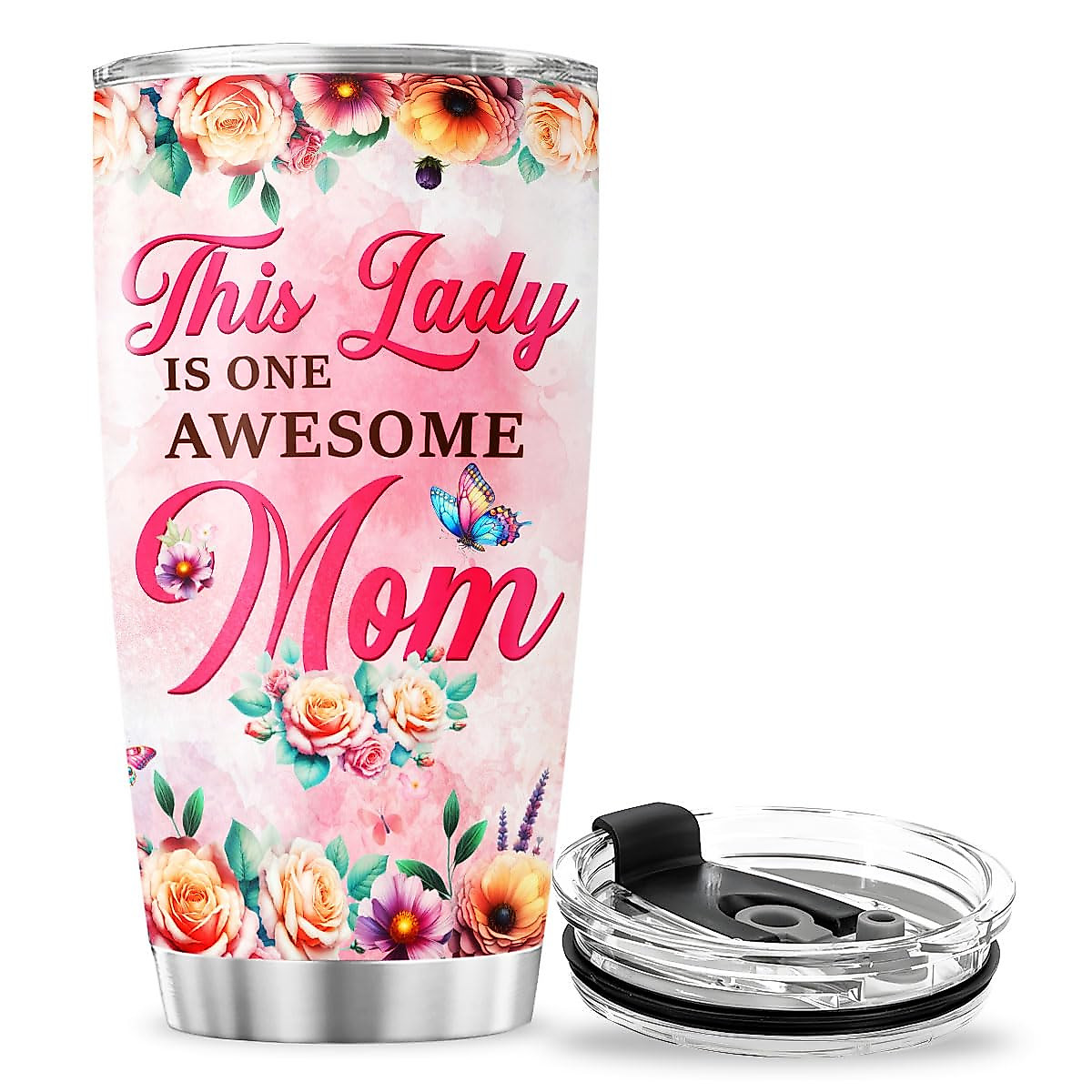 JENOIS Lady Mom Butterfly, Mothers Funny Coffee Floral Day Flower Handle Tumblers Mama Cups Mother For Women Insulated, Tumbler 20 Oz With Lid And Straw, Mom Gifts