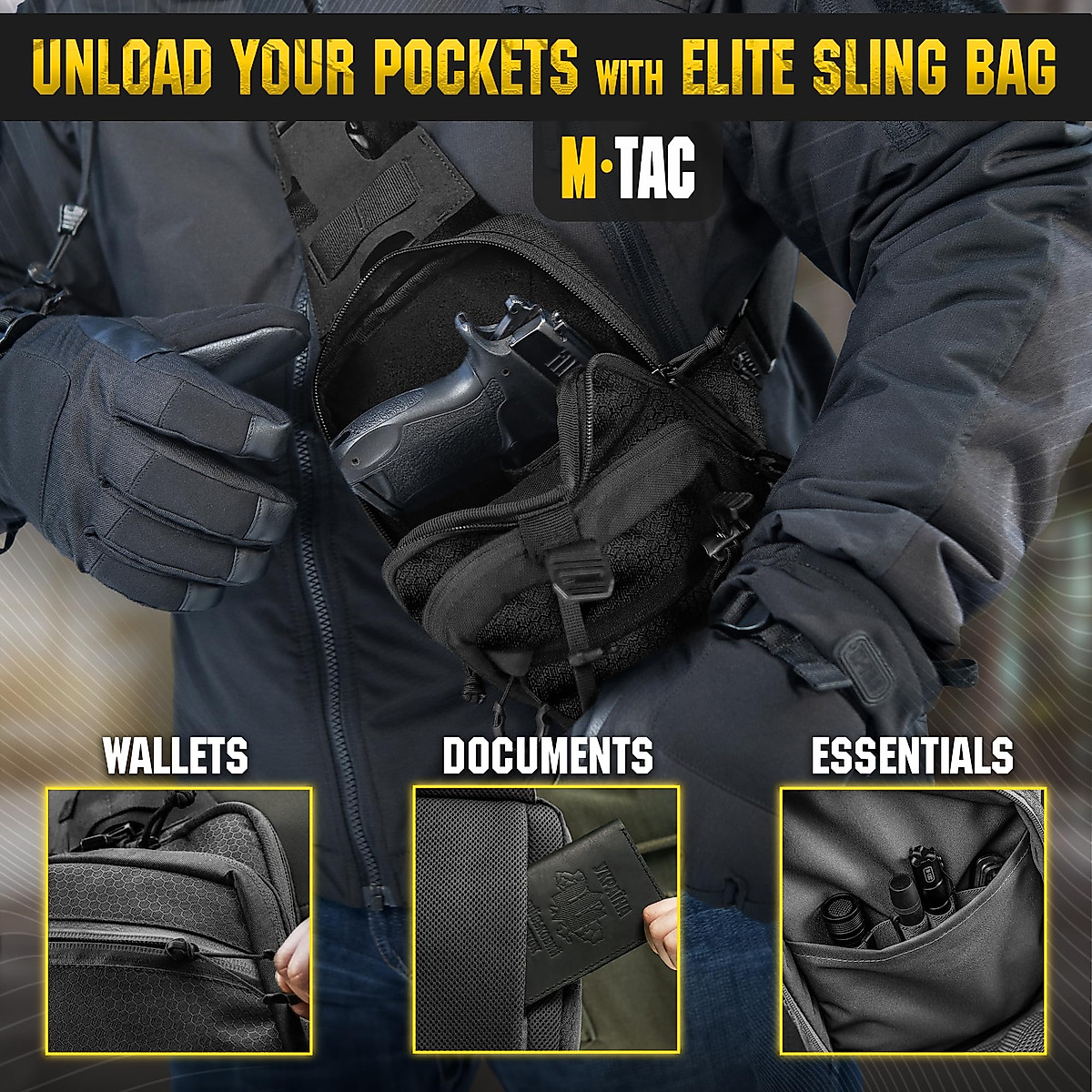 M-Tac Elite Tactical Sling Bag for Men - Crossbody Bag - Concealed Carry Chest Bag - Black Sling Backpack