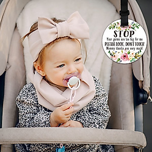 Do Not Touch Baby Signs, 2 Pack Greenery Stop No Touching Baby Car Seat Sign or Stroller Tag, Baby Car Safety Signs Tags for Newborn Baby Stroller Backpack. (5 Inches)