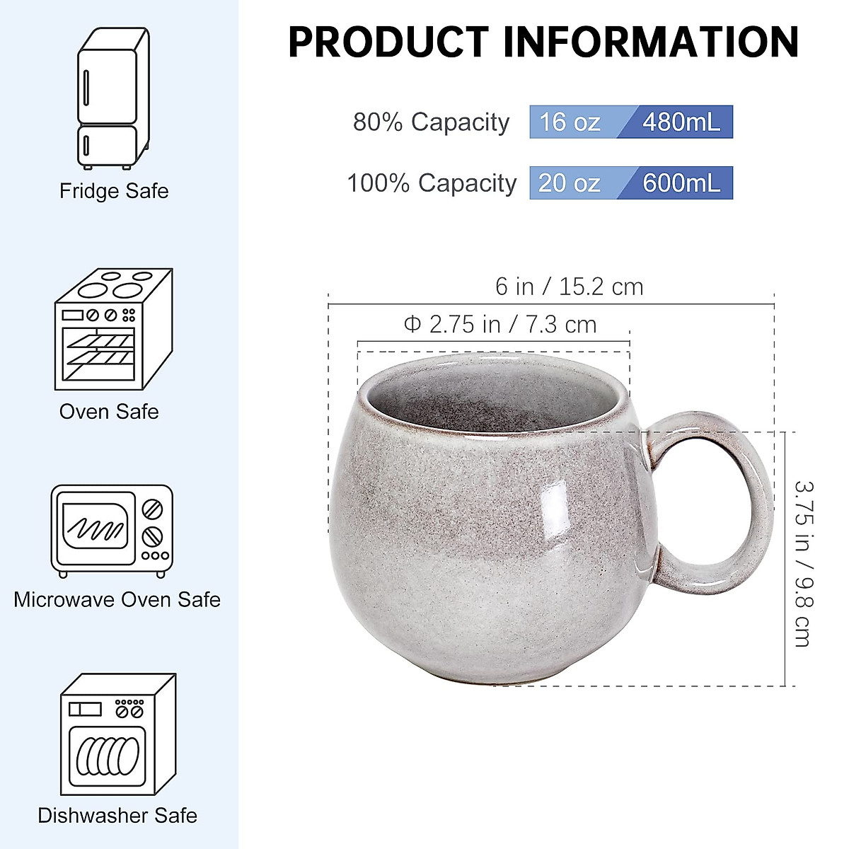 HENXFEN LEAD Large Coffee Mugs Set of 4-20 Oz Ceramic Jumbo Mugs with Handle for Latte, Cereal, Tea, Cocoa, Milk, Thanksgiving Christmas Cups Gift, Microwave, Dishwasher Safe, Grayish-White