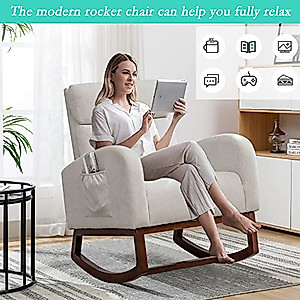 Andeworld Rocking Chair Nursery,Living Room Accent Glider Chair,Upholstered High-Back Armchair for Baby Nursery,Faux Suede Comfy Side Chair for Living Room,Bedroom,Beige