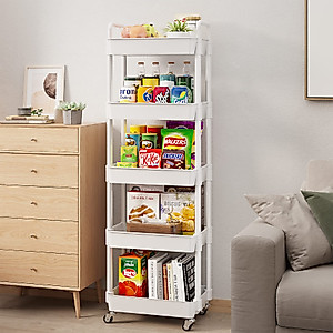 Buzowruil 5-Tier Utility Rolling Plastic Storage Cart Trolley with Lockable Wheels,Multifunctional Storage Shelves for Kitchen Living Room Office,White